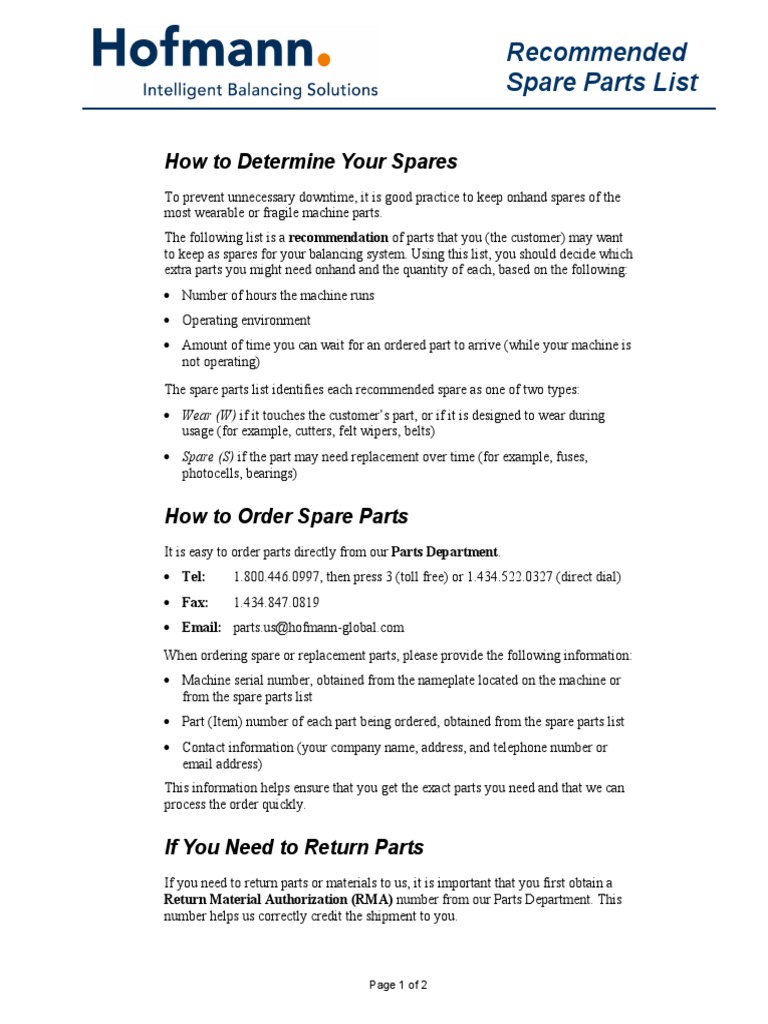 Recommended Spare Parts List: How To Determine Your Spares | PDF | Belt ...