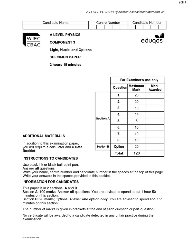 Specimen Qp Component 3 Wjec Physics A Level Pdf Neutron Atomic 