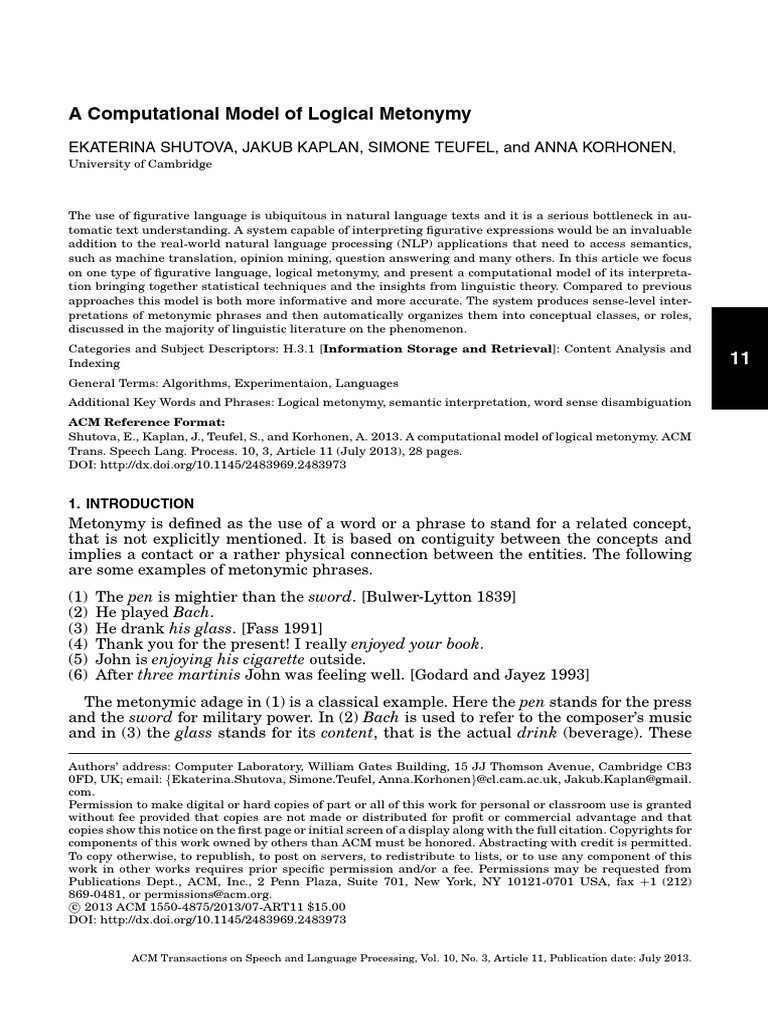 A Computational Model of Logical Metonymy: ACM Reference Format | PDF | Interpretation ...