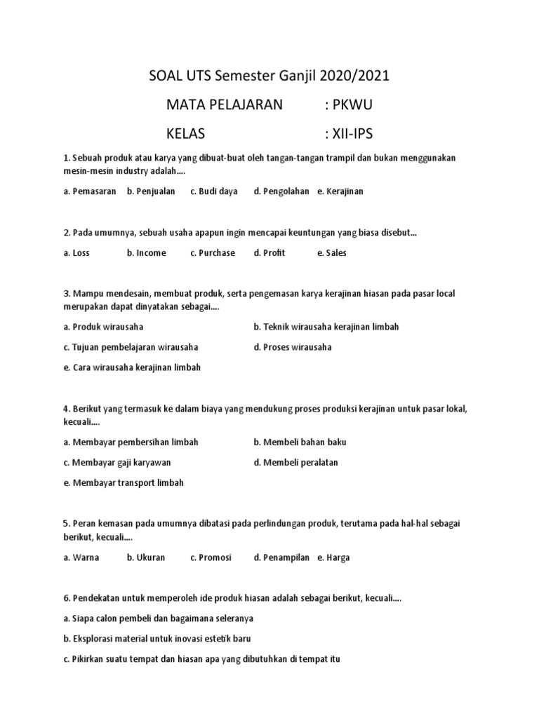 Soal Kelas XII - PKWU | PDF | Gaya Hidup