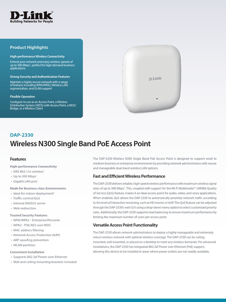 DAP-2330 A1 Datasheet 01 (HQ) | PDF | Wireless Lan | Wireless Access Point