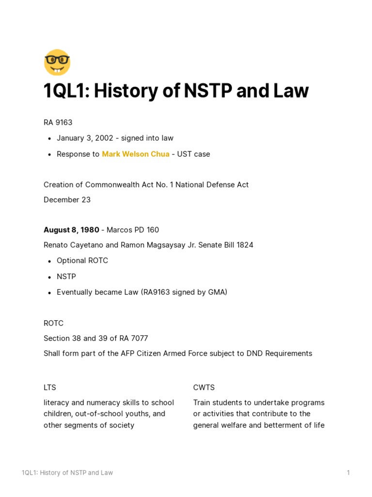 1QL1: History of NSTP and Law: Mark Welson Chua | PDF