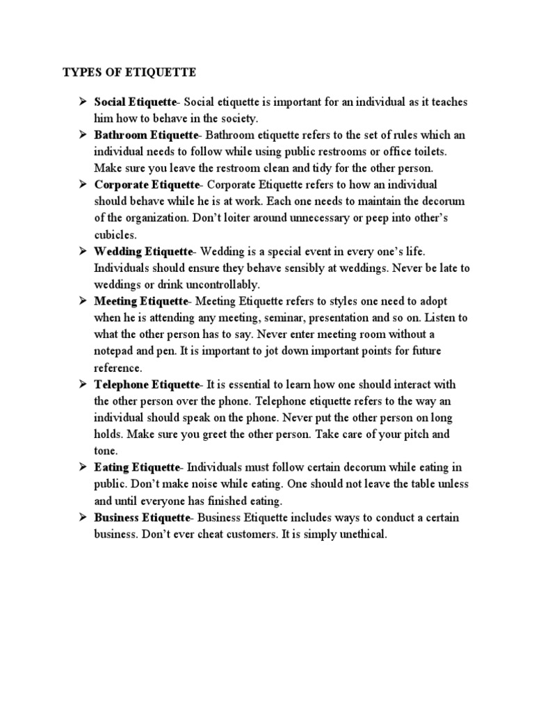 Types of Etiquette: Social to Business | PDF