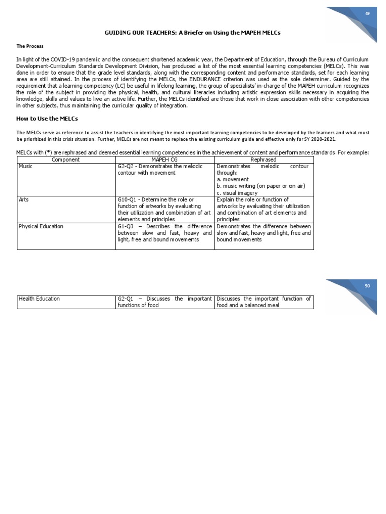 MAPEH MELCs Guidance for Teachers | PDF | Curriculum | Learning