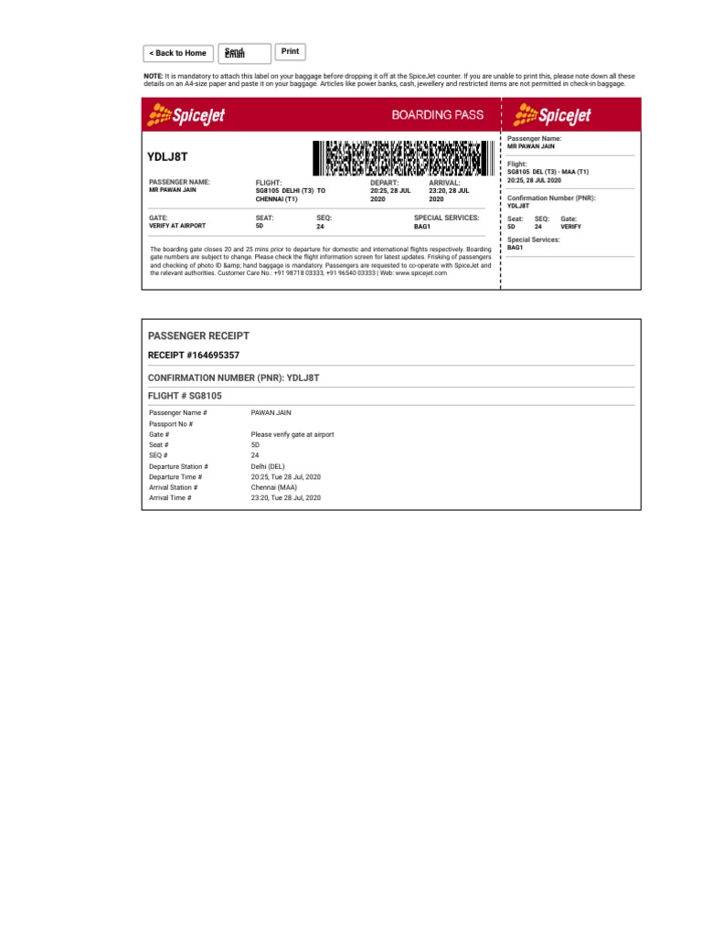 Boarding Pass - Spicejet - Papa - Delhi - Chennai - 280720 | PDF ...