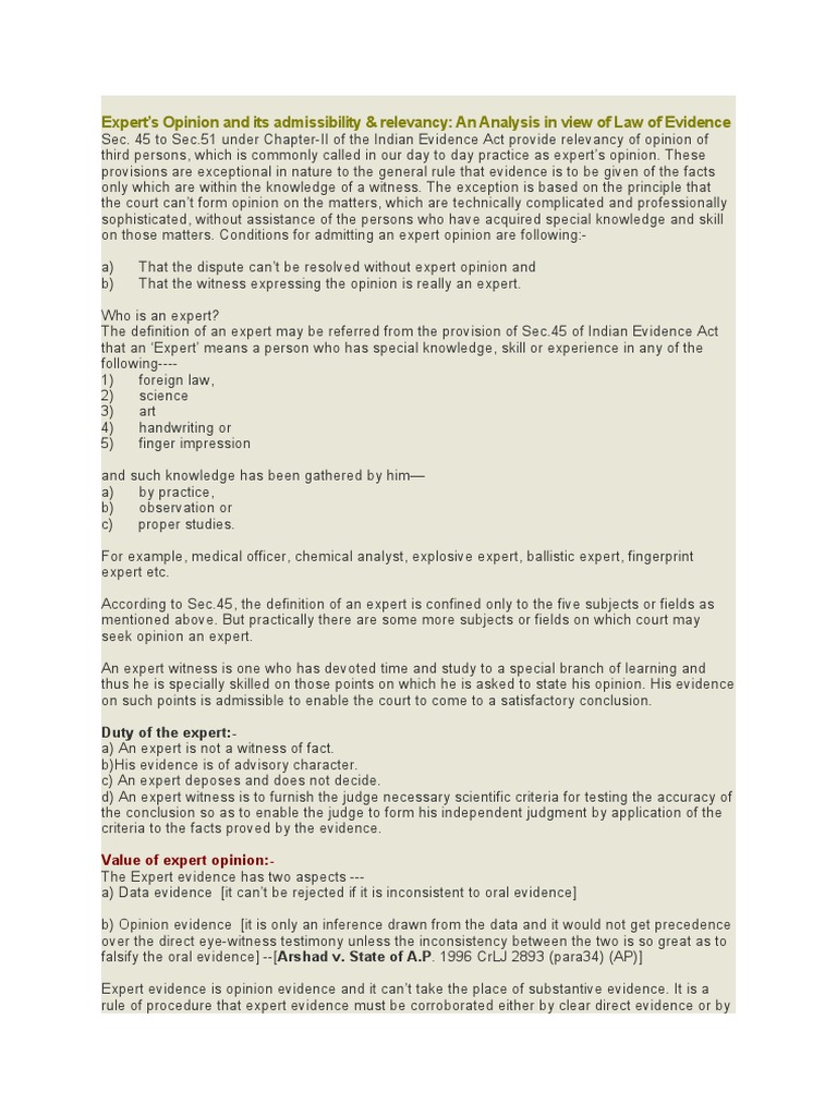Expert's Opinion and Its Admissibility & Relevancy: An Analysis in View ...