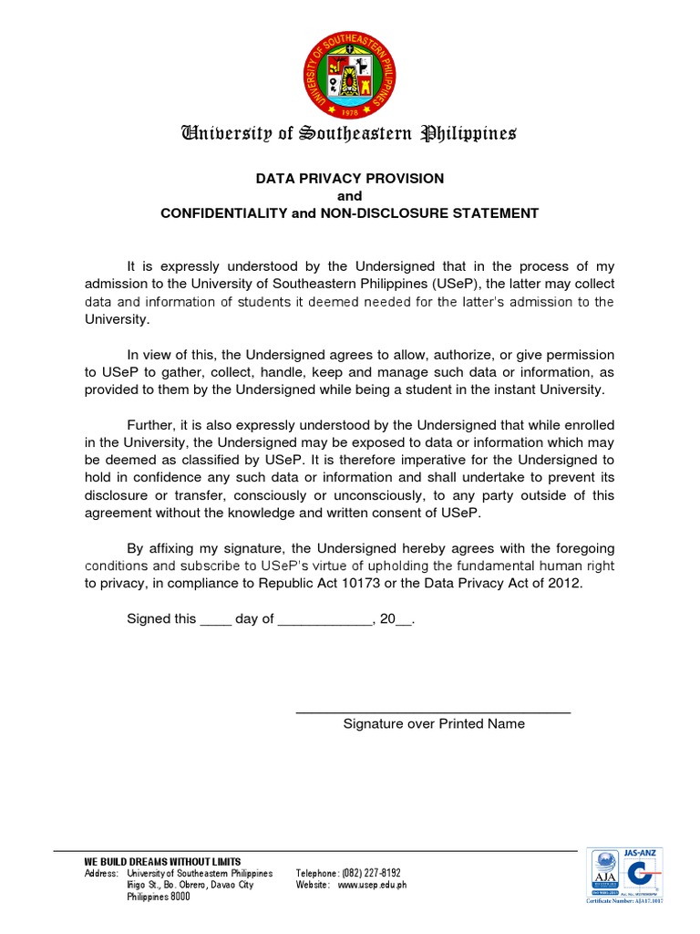 Data Privacy and Non Disclosure Agreement Form - Univ | PDF