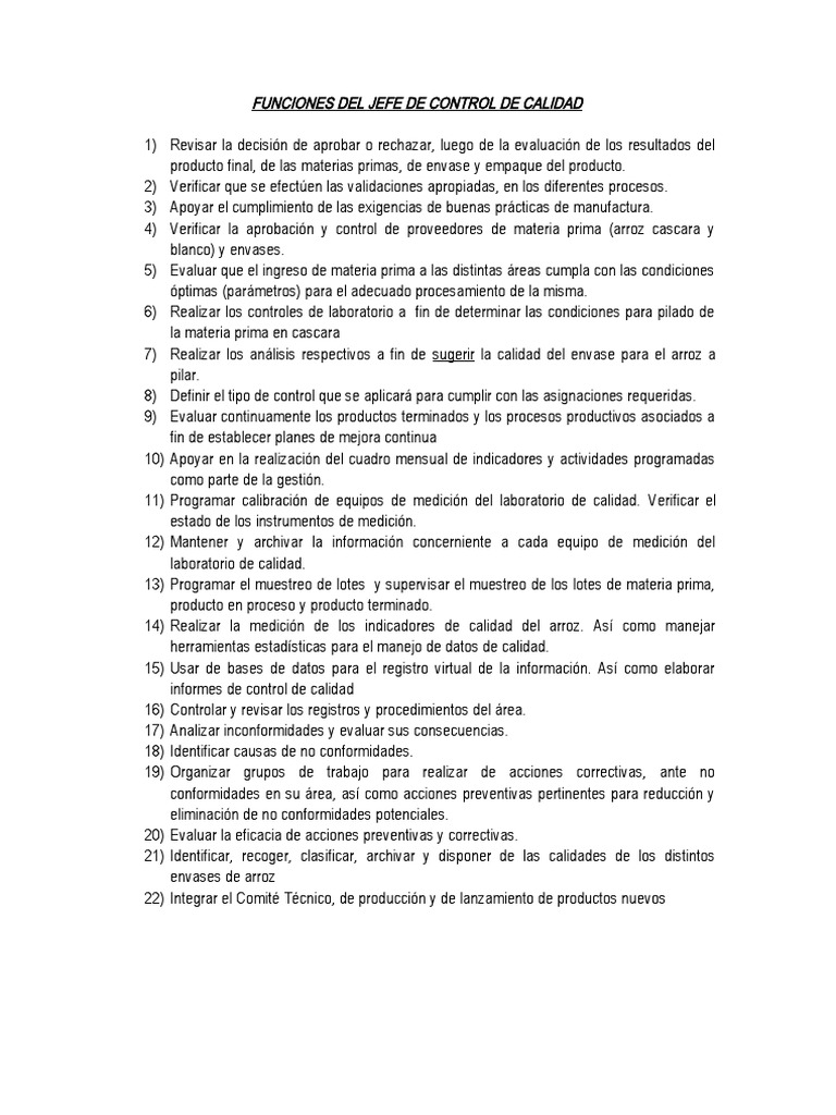 Funciones Del Jefe de Control de Calidad | PDF | Laboratorios | Calidad ...