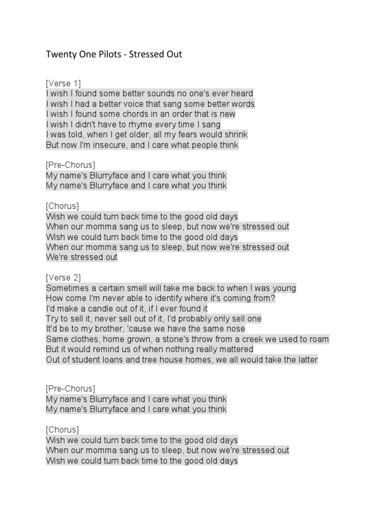 Twenty One Pilots - Stressed Out: (Verse 1) | PDF | Song Structure