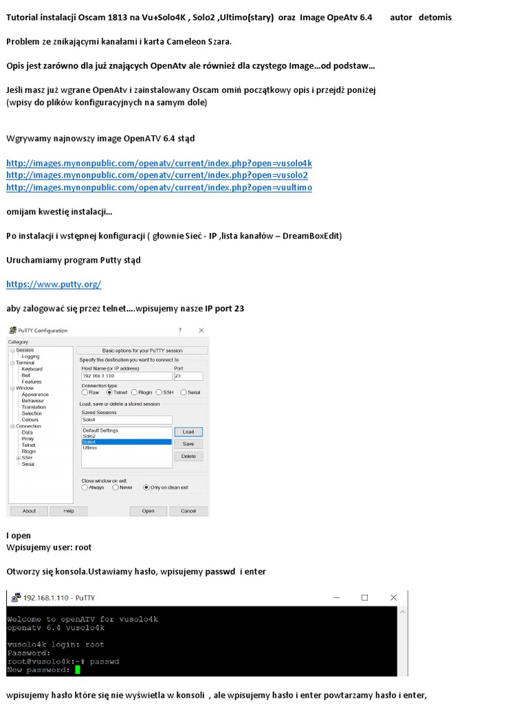 Tutorial Instalacji Oscam 1813 Na Vu+Solo4K, Solo2, Ultimo PDF | PDF