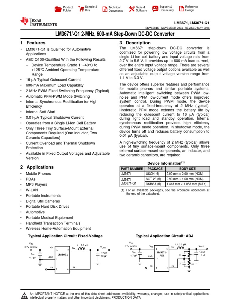 Lm3671/-Q1 2-Mhz, 600-Ma Step-Down DC-DC Converter: 1 Features 3 ...