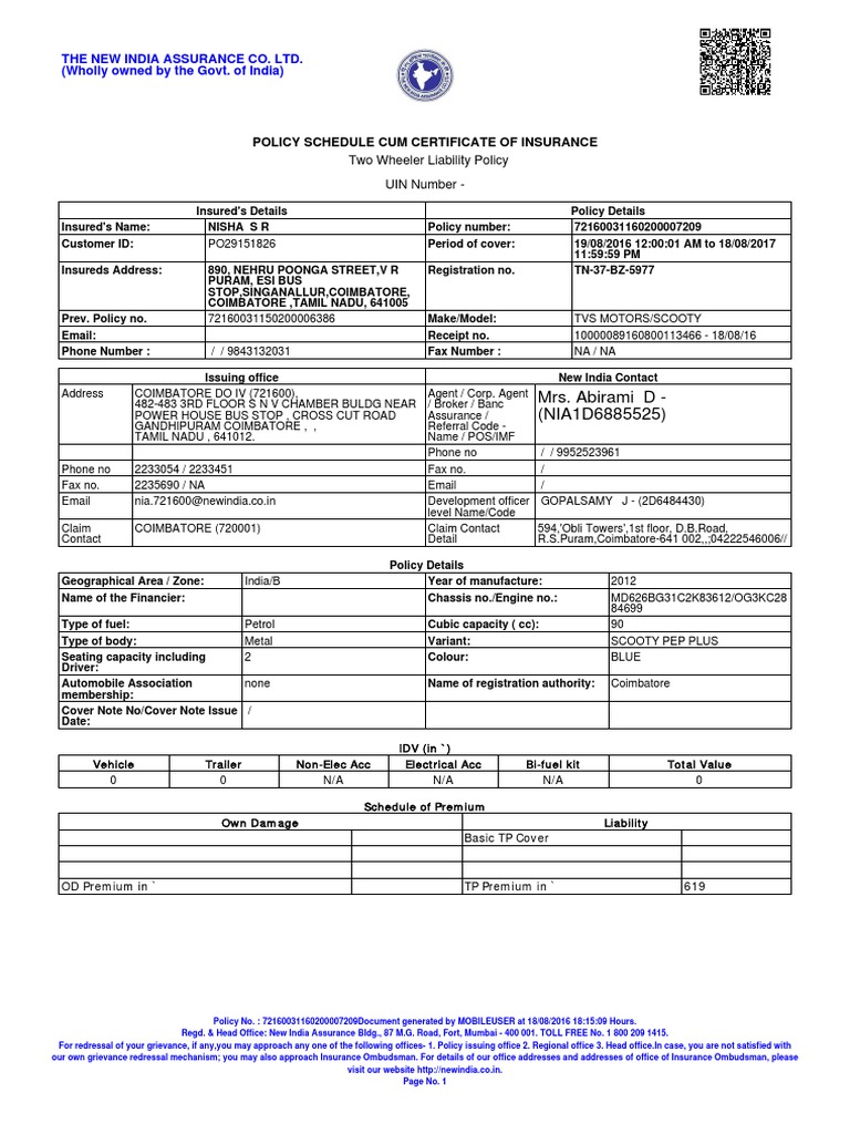 Policy Schedule Cum Certificate of Insurance: Mrs. Abirami D ...