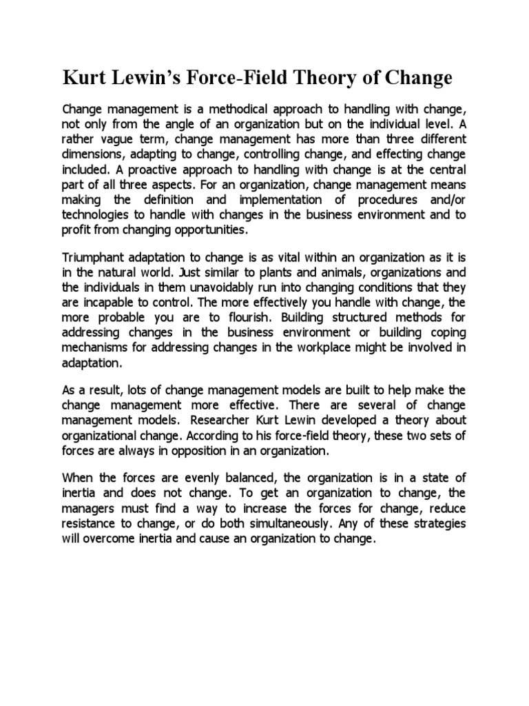Kurt Lewin's Force-Field Theory of Change | PDF | Change Management ...