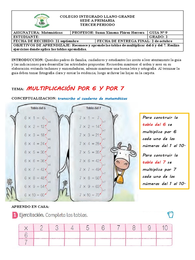 Guia de Matematicas 2 Tablas Del 6 y 7 | PDF | Multiplicación ...