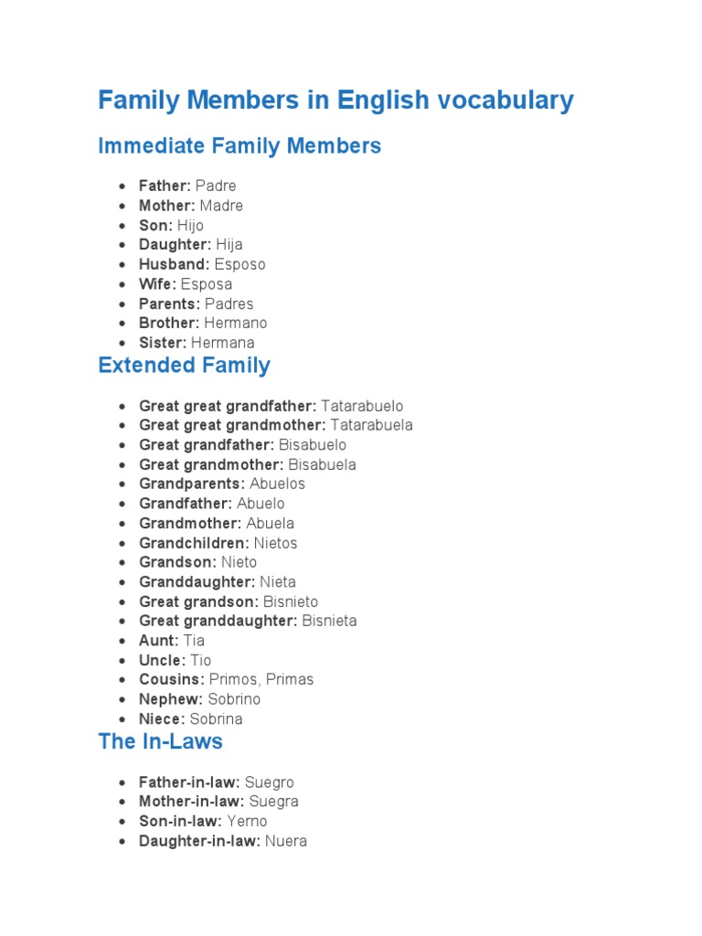 Family Members in English Vocabulary | PDF | Wellness