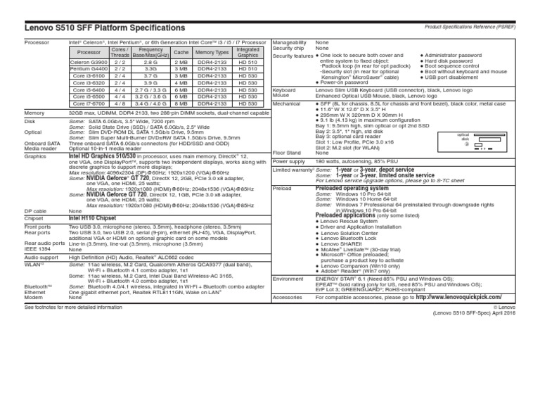 Lenovo S510 SFF Platform Specifications | PDF | Computer Related Introductions | Personal Computing