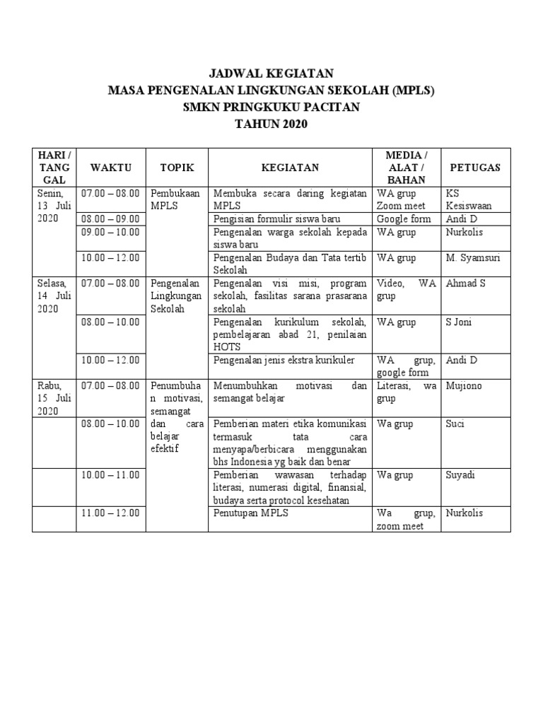 Jadwal Kegiatan MPLS | PDF