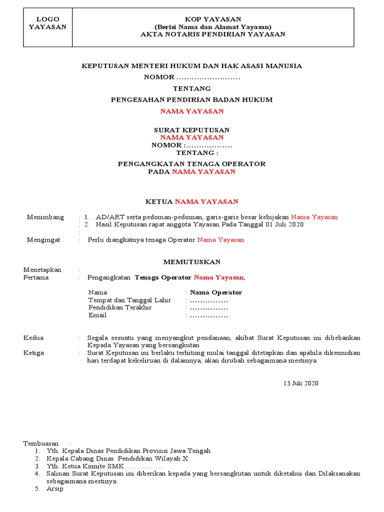 Contoh SK Operator Yayasan | PDF