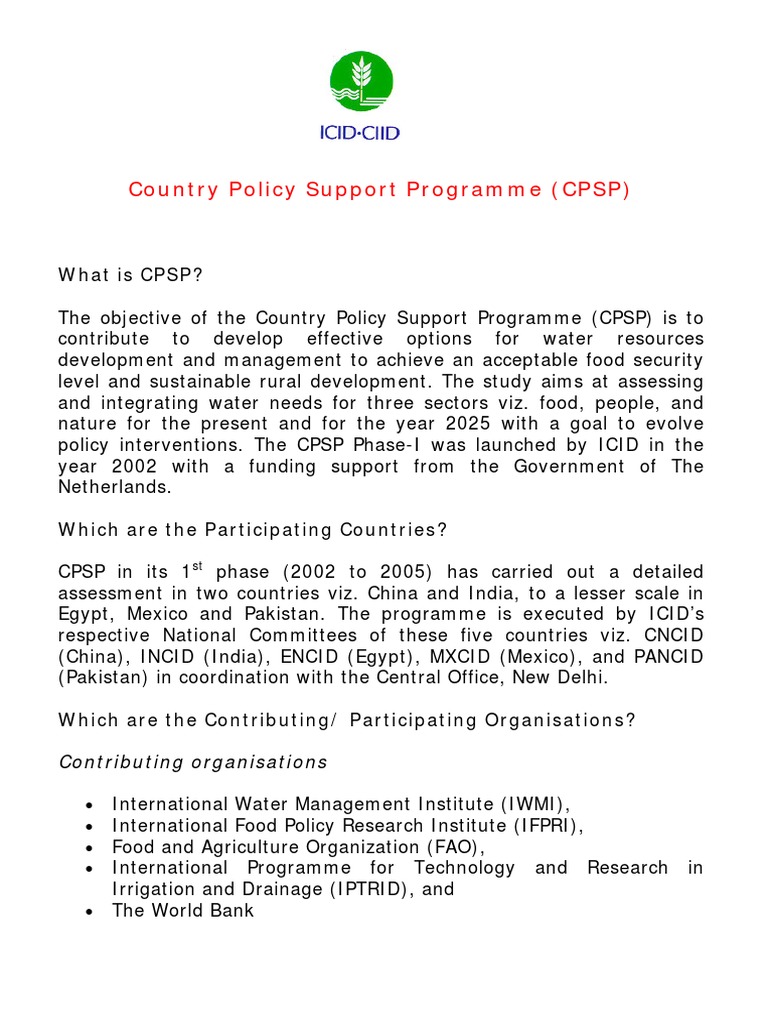 Country Policy Support Programme (CPSP) | PDF | Water Resources ...
