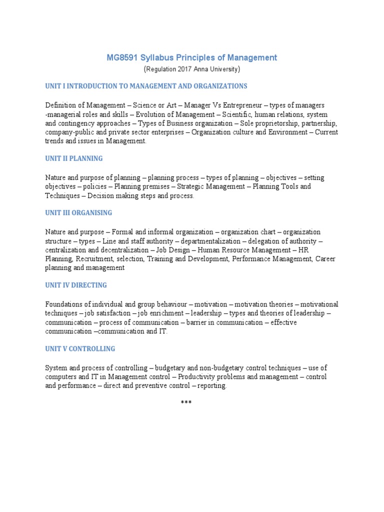 MG8591 Syllabus Principles of Management | PDF | Motivation | Motivational