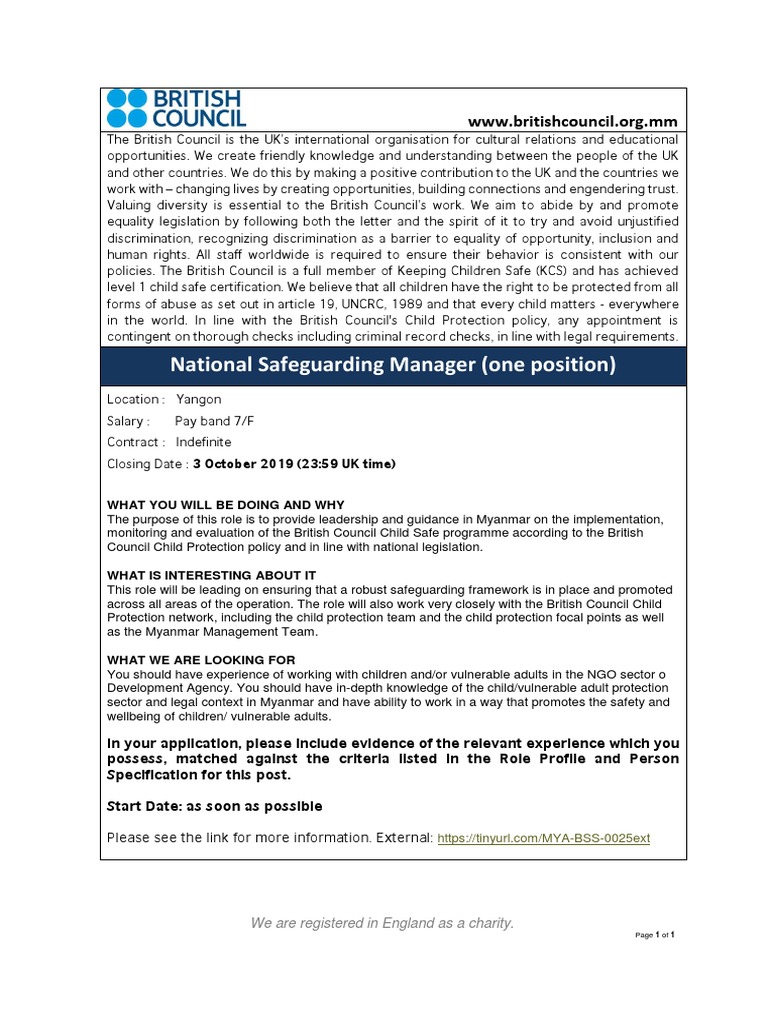 National Safeguarding Manager (One Position) : What You Will Be Doing ...