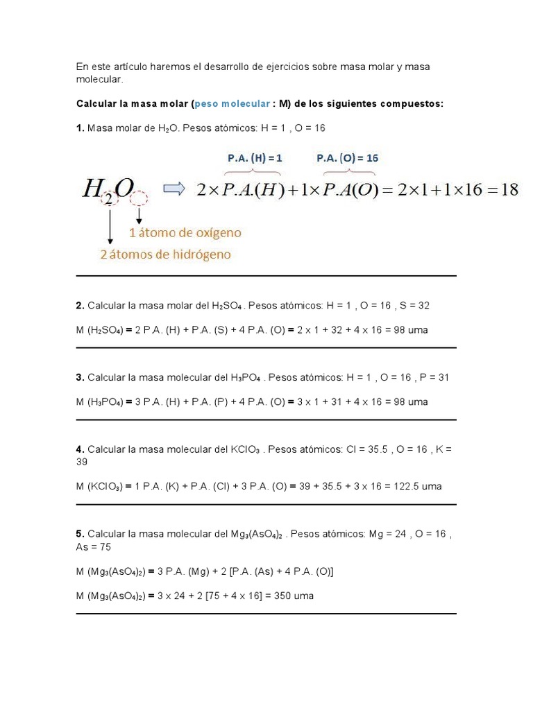 En Este Artículo Haremos El Desarrollo de Ejercicios Sobre Masa Molar y ...