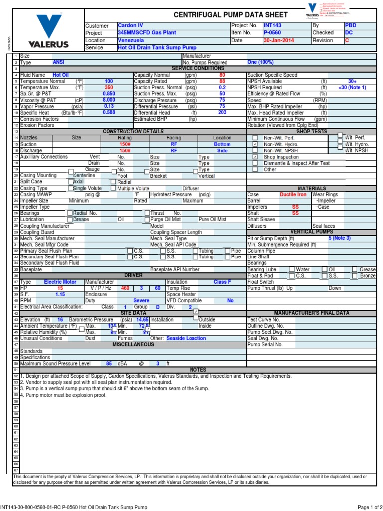 Data Sheet P-0560 - Hot Oil Drain Tank Sump Pump | PDF | Pump | Pipe ...