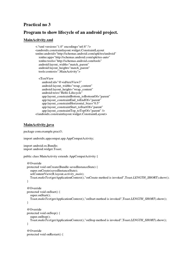 Practical No 3 Program To Show Lifecycle of An Android Project | PDF | Android (Operating System ...