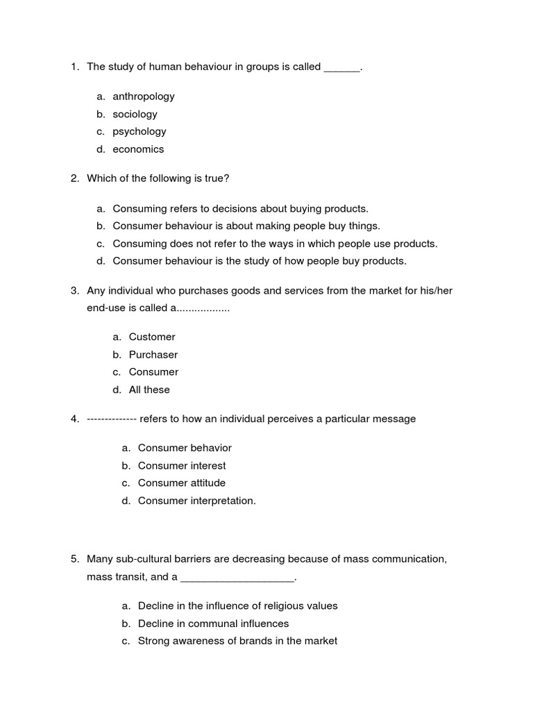 MCQ - CONSUMER BEHAVIOUR - With Answer Keys PDF | PDF | Consumer ...