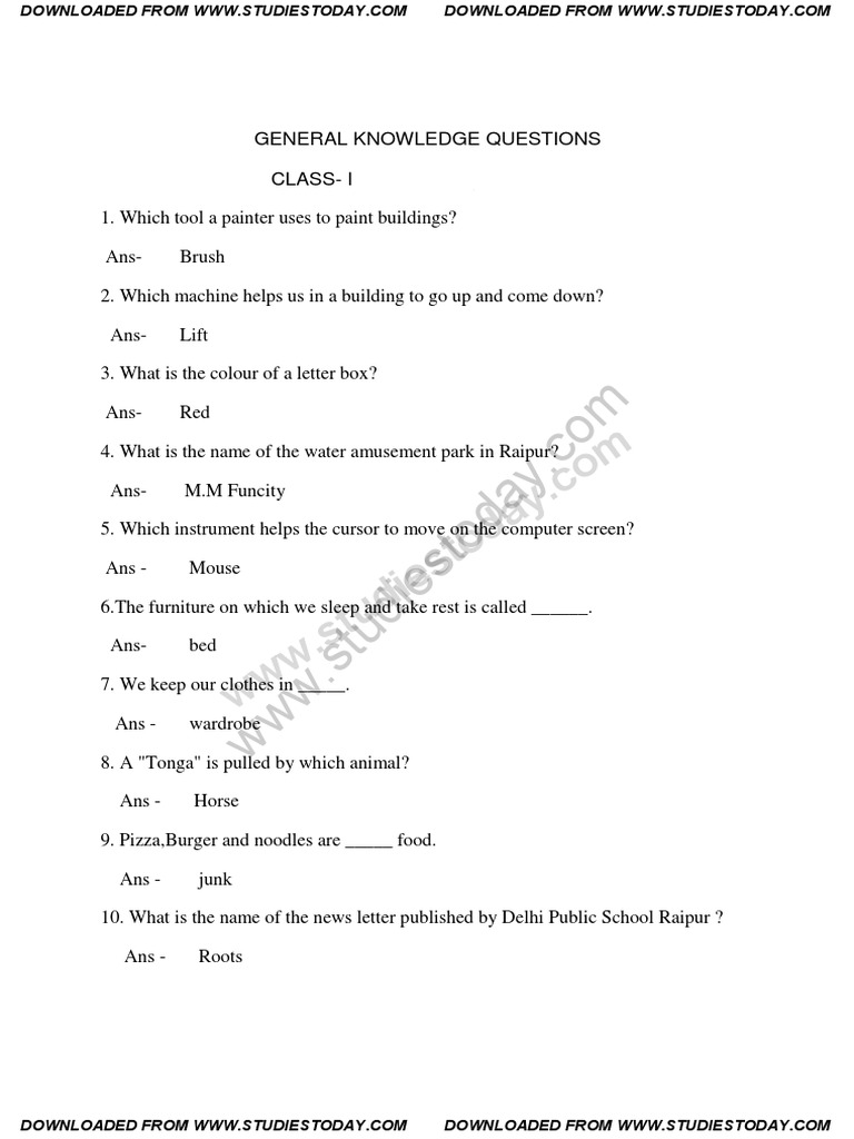 CBSE Class 1 GK Question Paper Set A - 0 | PDF