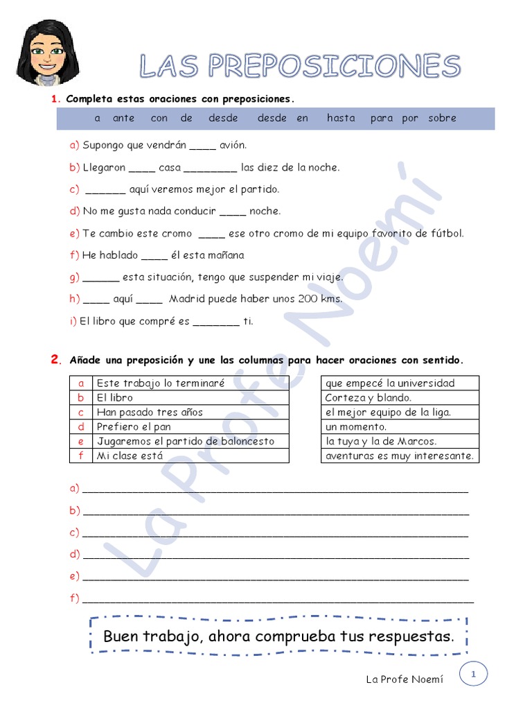 Hoja De Trabajo De Preposiciones Con Respuestas Juega, Practica Y