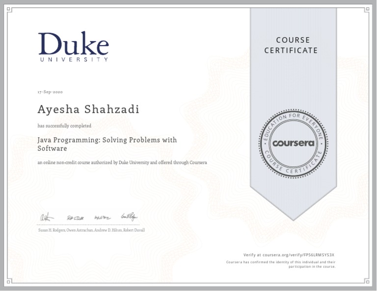 Certificate of Completion for "Java Programming: Solving Problems with ...