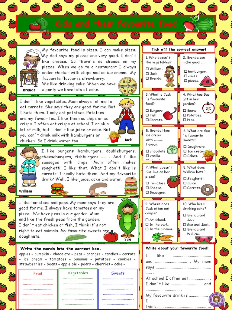 Kids and Their Favourite Food Key Reading Comprehension Exercises ...