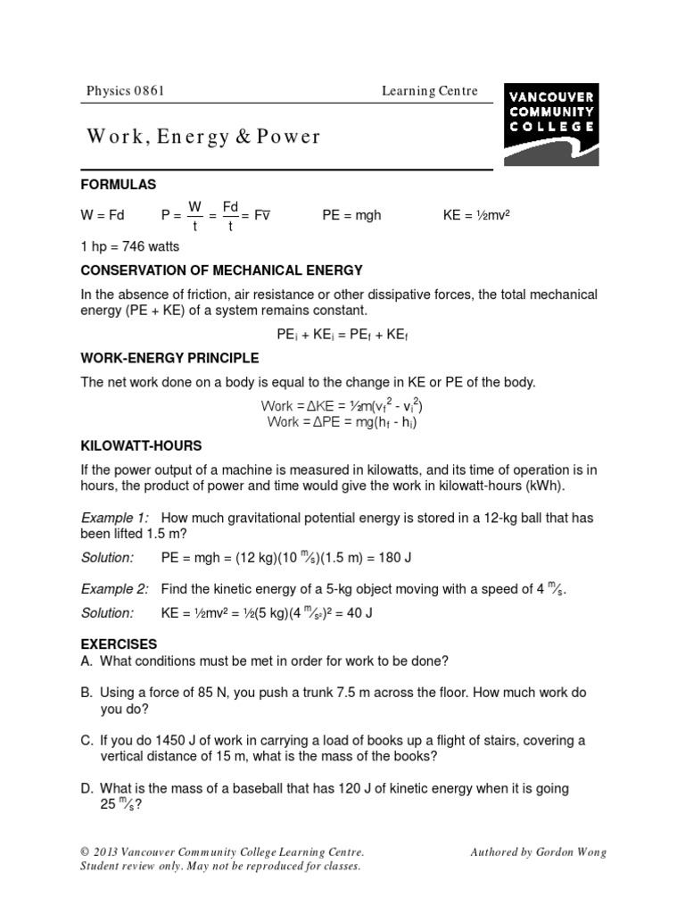 Work, Energy & Power: Formulas | PDF | Power (Physics) | Natural Philosophy
