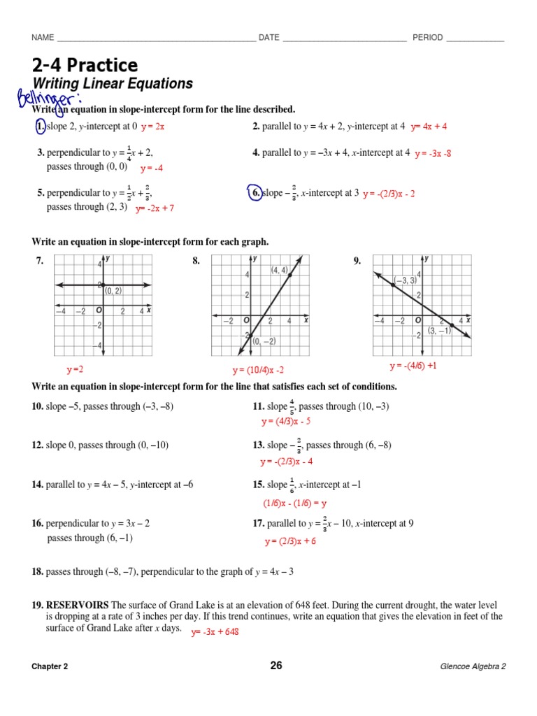 2.4 Writing Linear Equations Practice | PDF | Algebra | Teaching ...