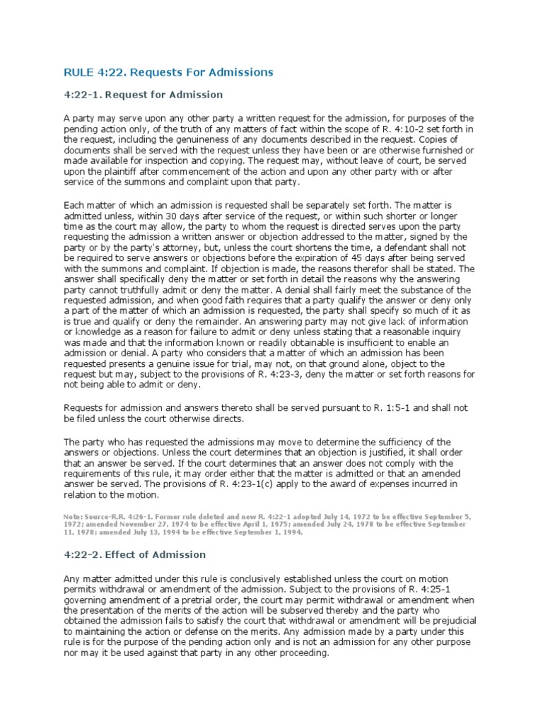 RULE 4:22. Requests For Admissions | PDF | Complaint | Justice