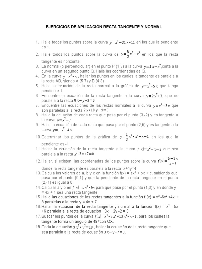 Ejercicios para Exposiciones Aplicación Recta Tangente y Normal | PDF ...