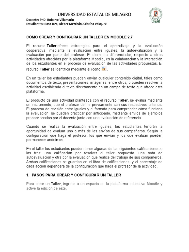 Cómo Crear y Configurar Un Taller en Moodle 2 | PDF | Moodle | Evaluación