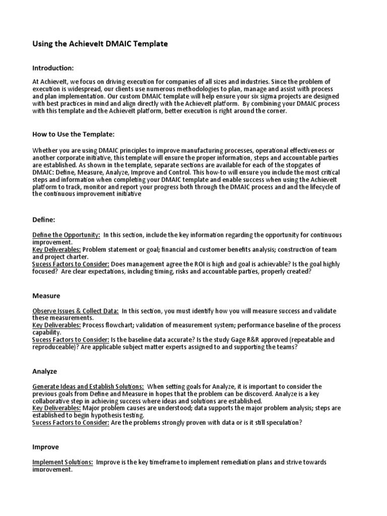 AchieveIt DMAIC Template Guide | PDF | Goal | Six Sigma