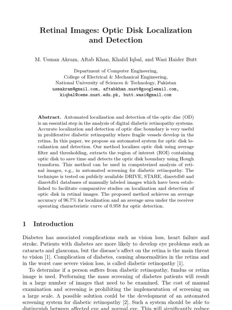 Retinal Images Optic Disk Localization and Detection | PDF | Retina ...
