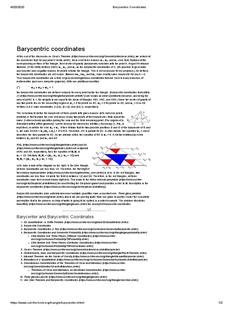 Barycentric Coordinates - Cut-the-Knot | PDF | Center Of Mass | Triangle Barycentric Coordinates - Cut-the-Knot | PDF | Center Of Mass | Triangle