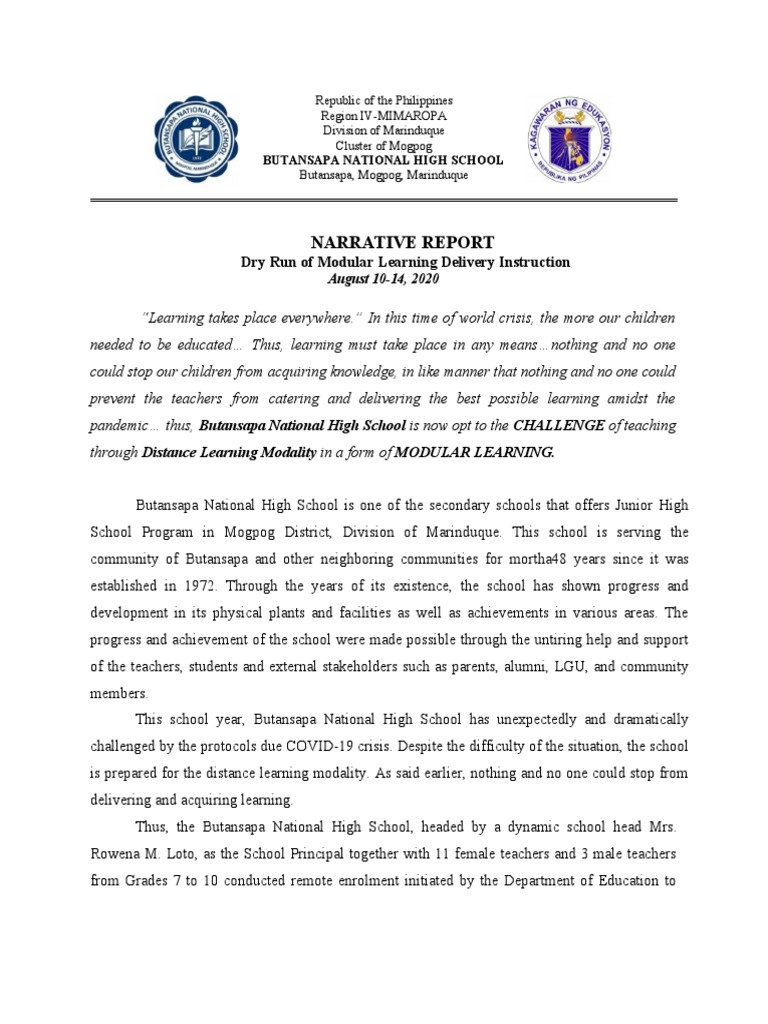 Narrative Report: Dry Run of Modular Learning Delivery Instruction ...