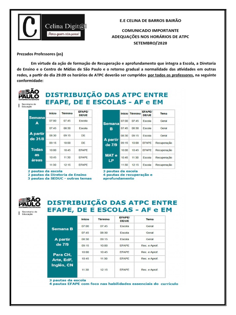 Comunicado Sobre Cronograma de ATPC | PDF