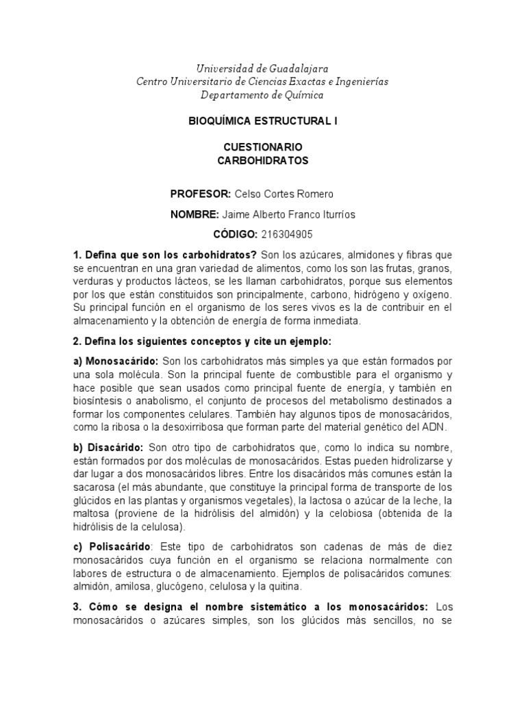 Bioquimica 1 Cuestionario | PDF | Carbohidratos | Glucosa