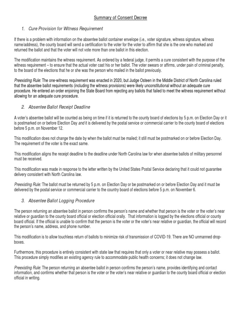 Summary of Consent Decree | PDF | Absentee Ballot | United States ...
