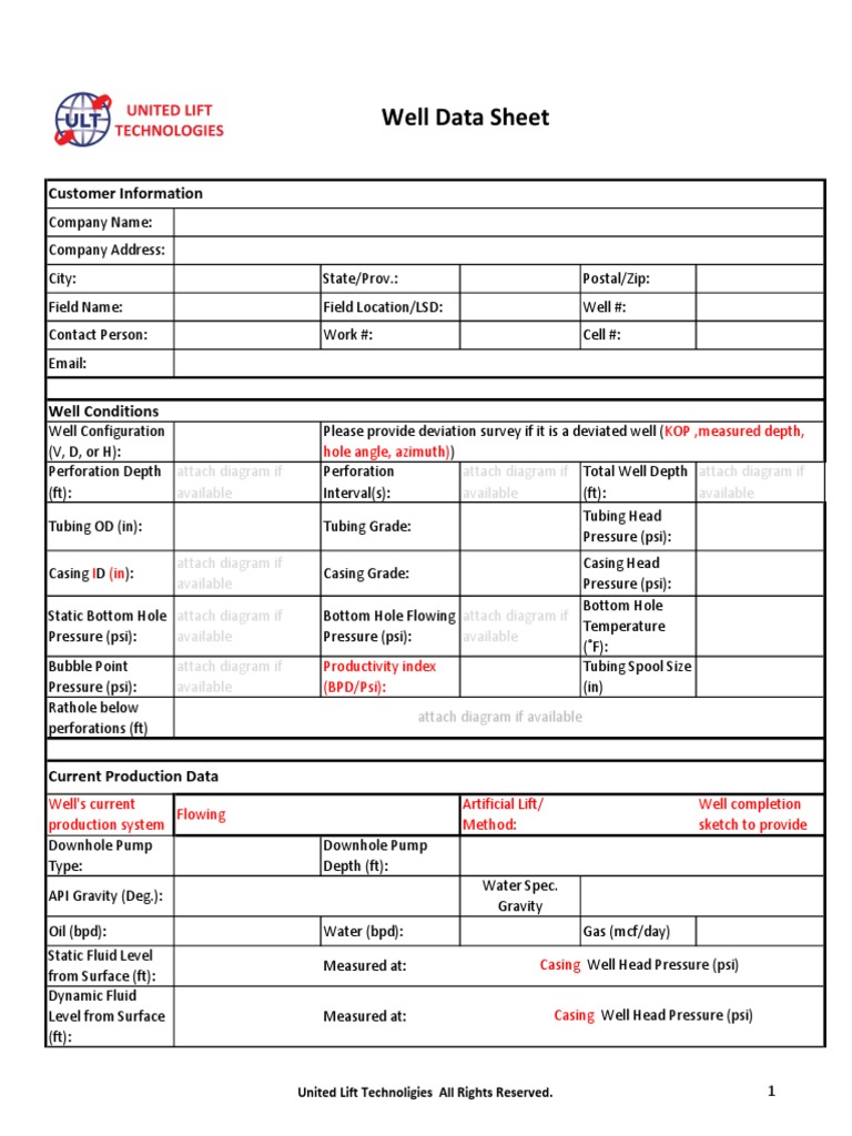 Well Data Sheet: Customer Information | PDF | Pressure | Chemical ...