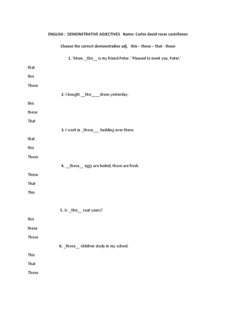 DEMONSTRATIVE ADJECTIVES - Carlos - Rosas - Nivel - 1 | PDF