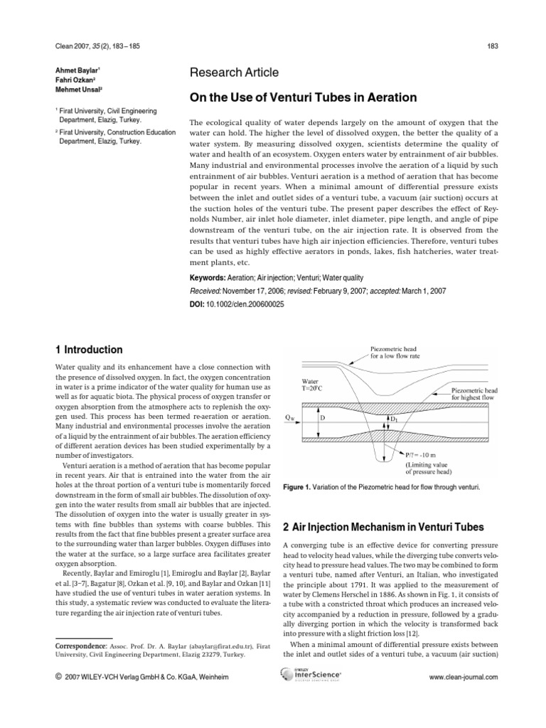 Air Entrainment and Oxygen Transfer in A Venturi PDF | PDF | Flow ...