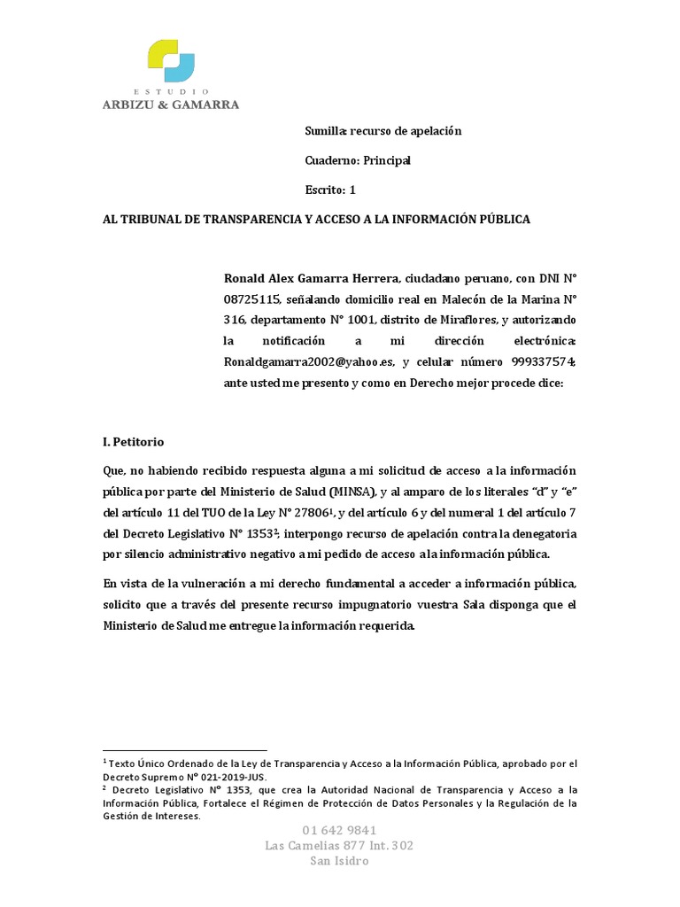 Recurso de Apelación Al Tribunal de Transparencia (Solicitud 20-005577 MINSA) | PDF | Leyes de ...