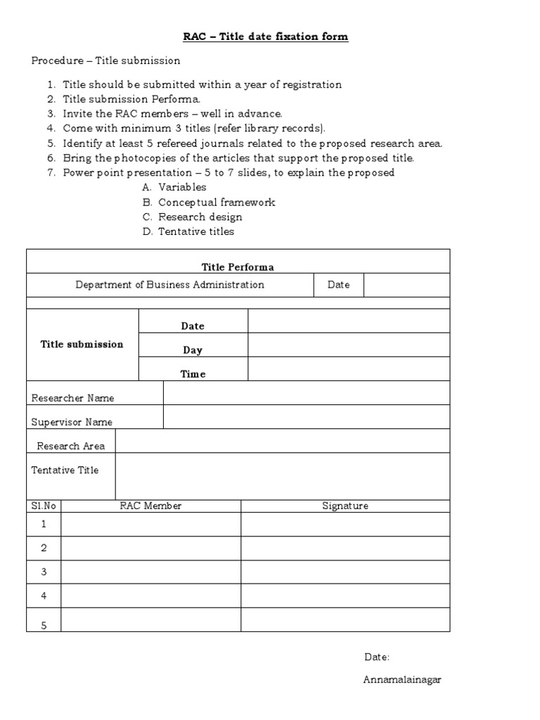 RAC Title Date Fixation Form | PDF | Doctor Of Philosophy | Doctorate